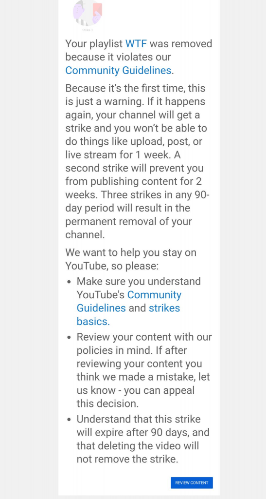 YouTube starts issuing community guidelines strikes on playlists